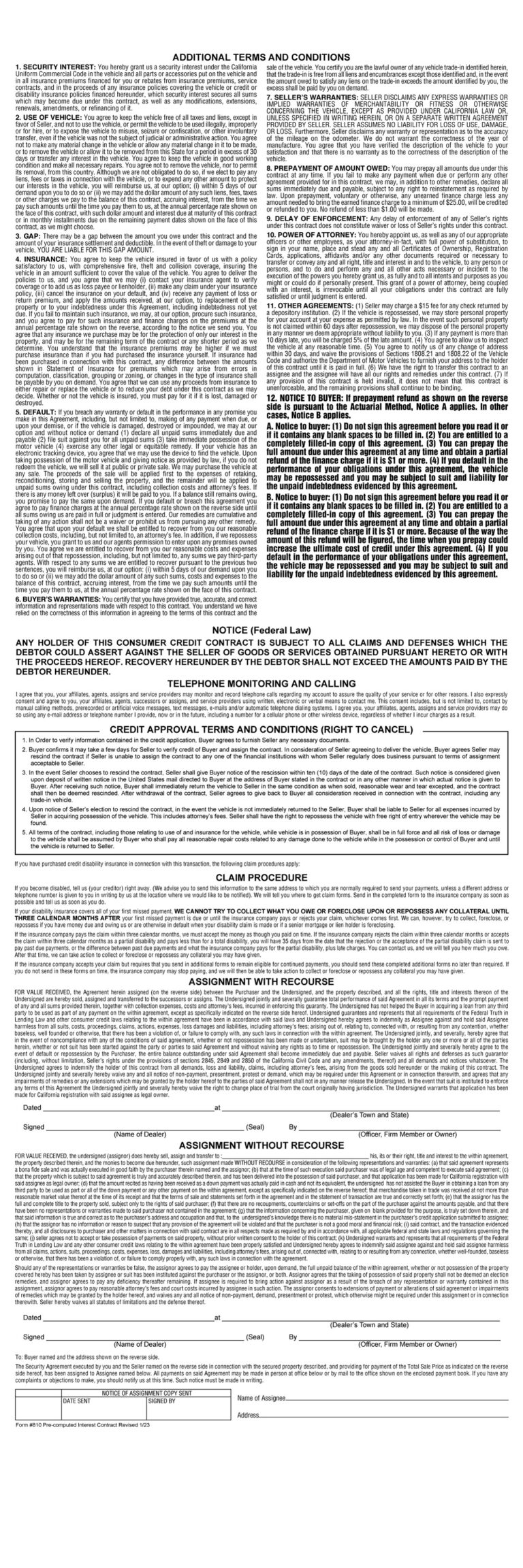 Pre-Computed Interest Motor Vehicle Contract | BPI Custom Printing