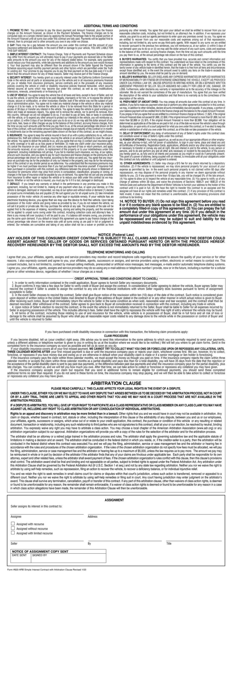 Simple Interest Motor Vehicle Contract With Arbitration