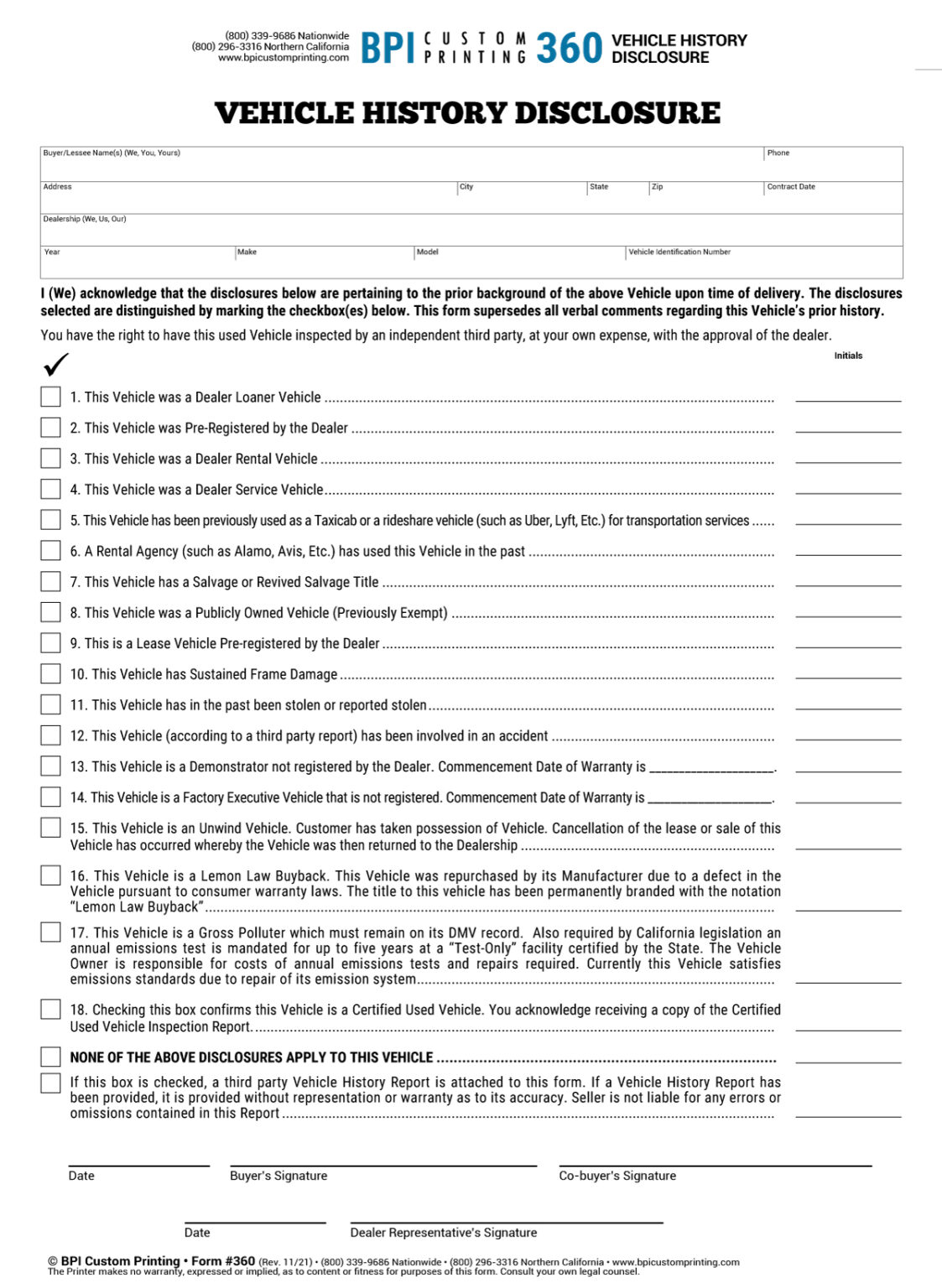 Vehicle History Disclosure | BPI Custom Printing