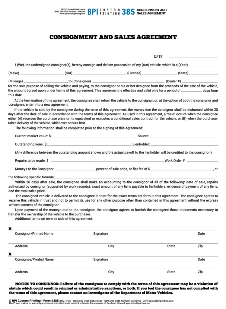 Consignment and Sales Agreement | BPI Custom Printing