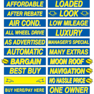 15″ Yellow & Blue Windshield Slogan Stickers | BPI Custom Printing